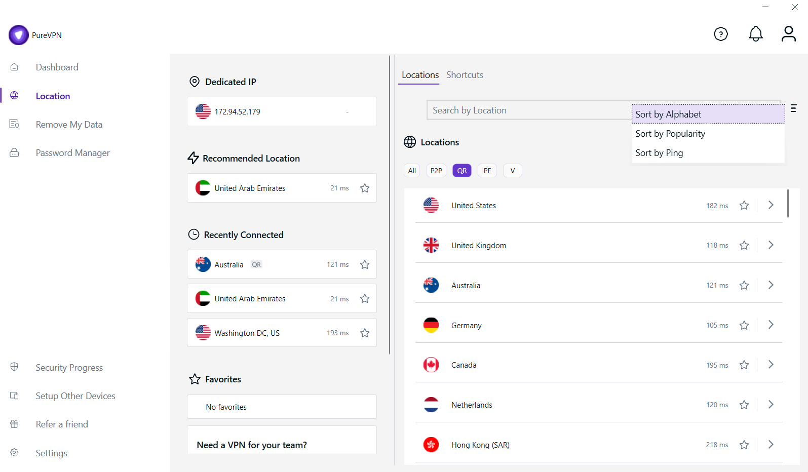 Connect and Manage Locations - PureVPN Windows App - PureSquare