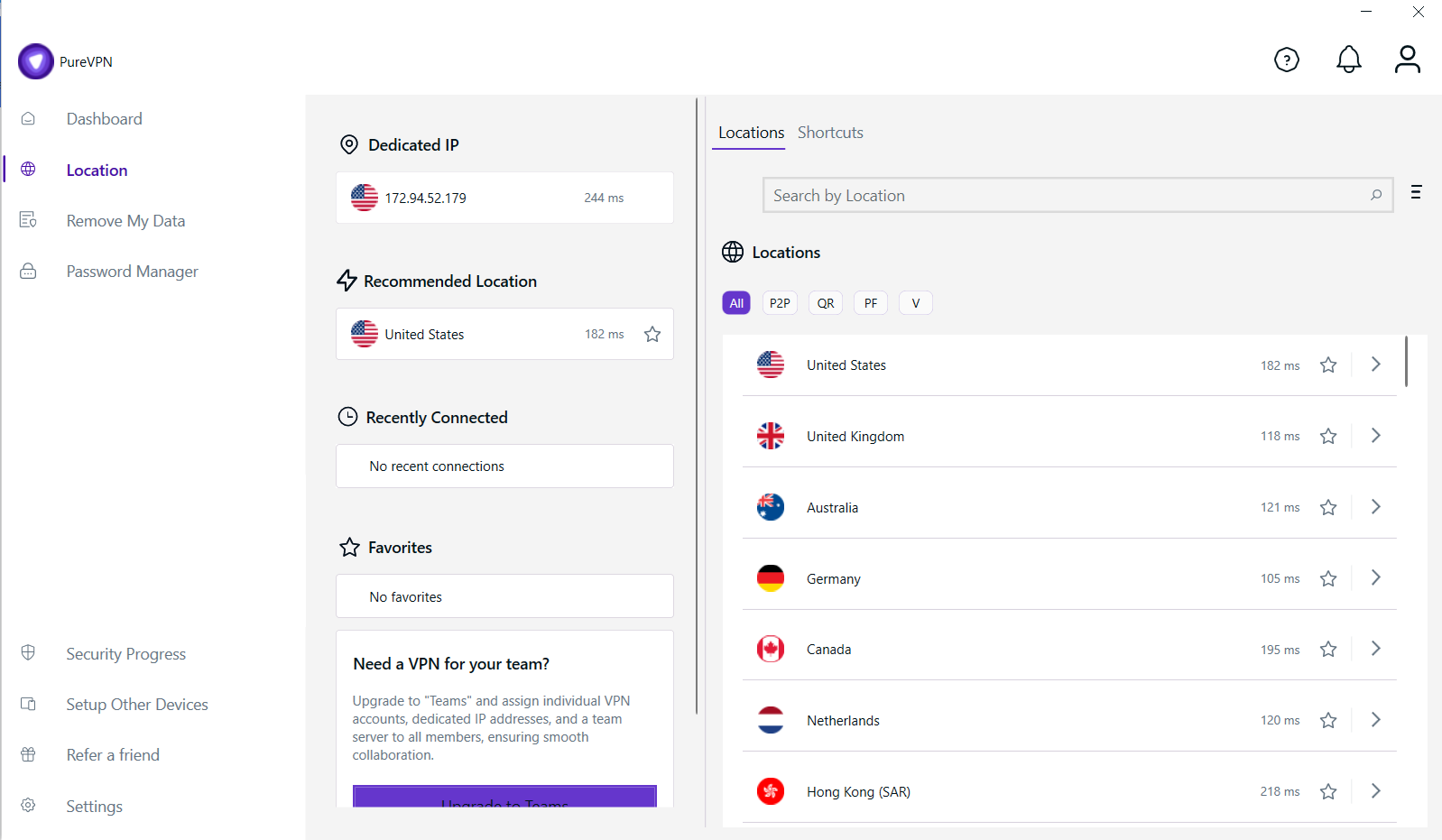 Connect and Manage Locations - PureVPN Windows App - PureSquare