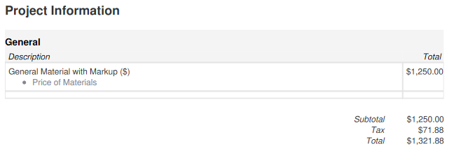 Estimate Rocket — General Material Dollars with Markup - Used in Project