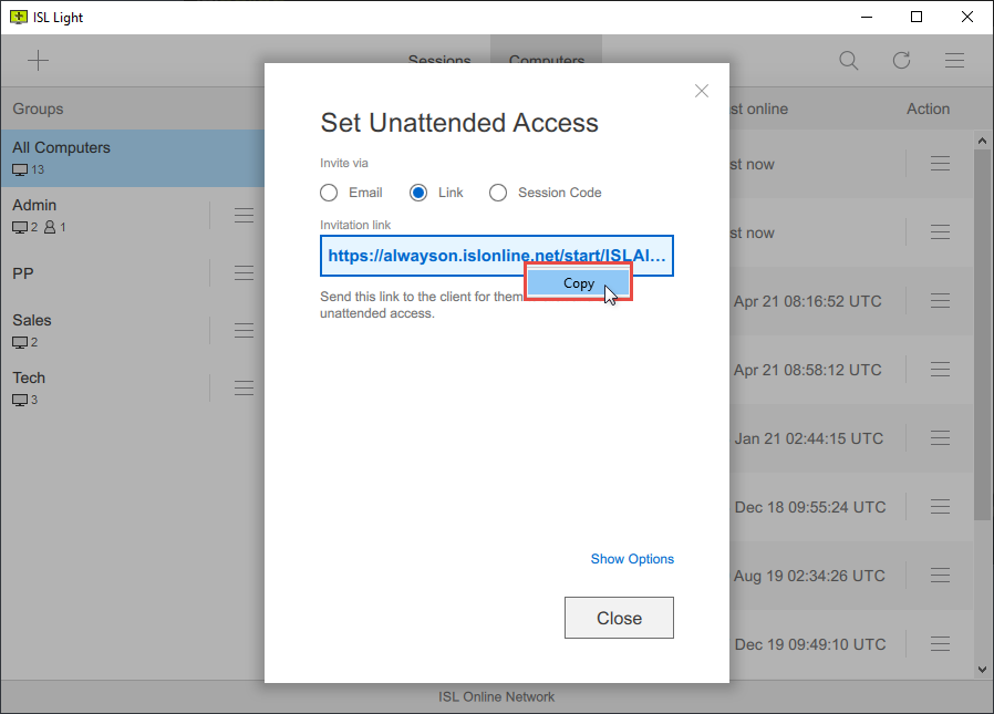ISL Online — Set Unattended Access via Link