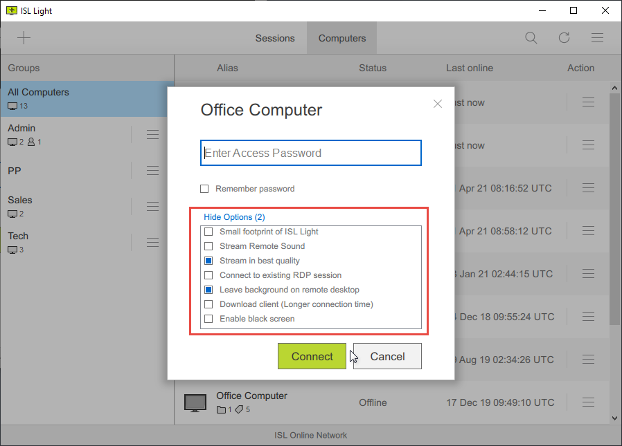 ISL Online — Connect Options