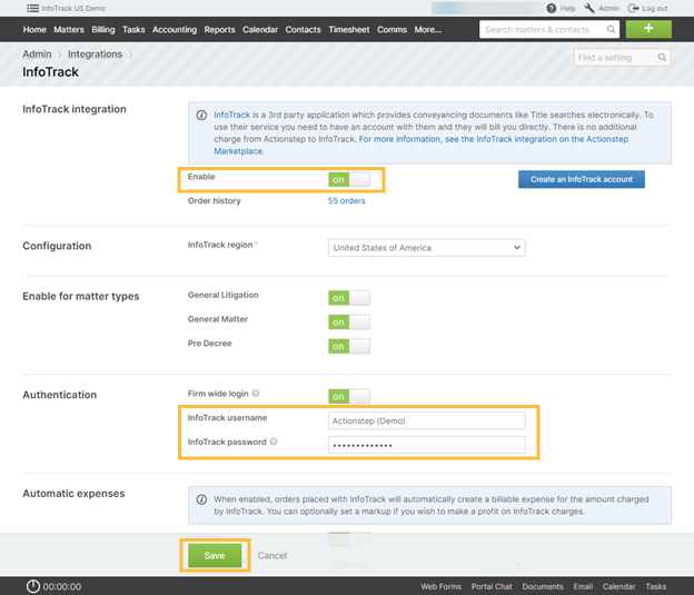 InfoTrack — Setting up the integration with Actionstep