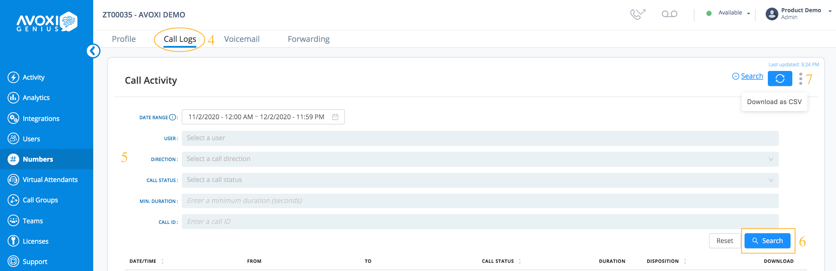 Avoxi — How To View Call Logs At A Number Level