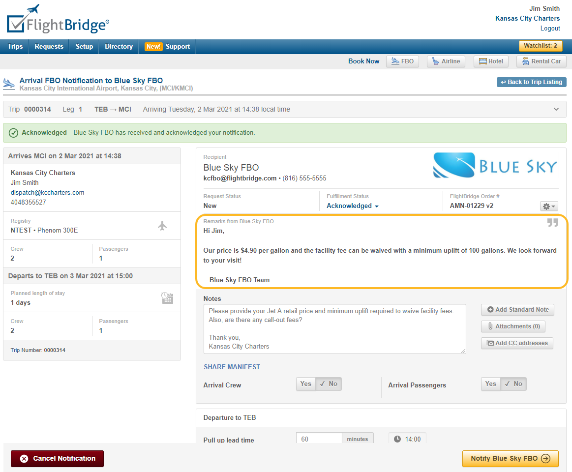 FBO Notifications - Operator Users - FlightBridge