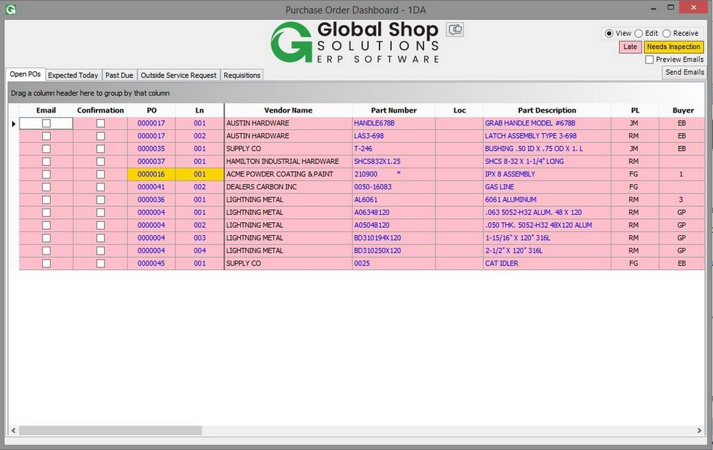 Global Shop Solutions — Abrir panel de orden de compra