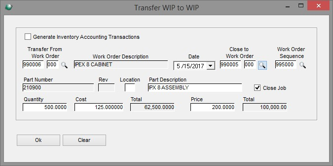Global Shop Solutions — Transferir WIP a WIP