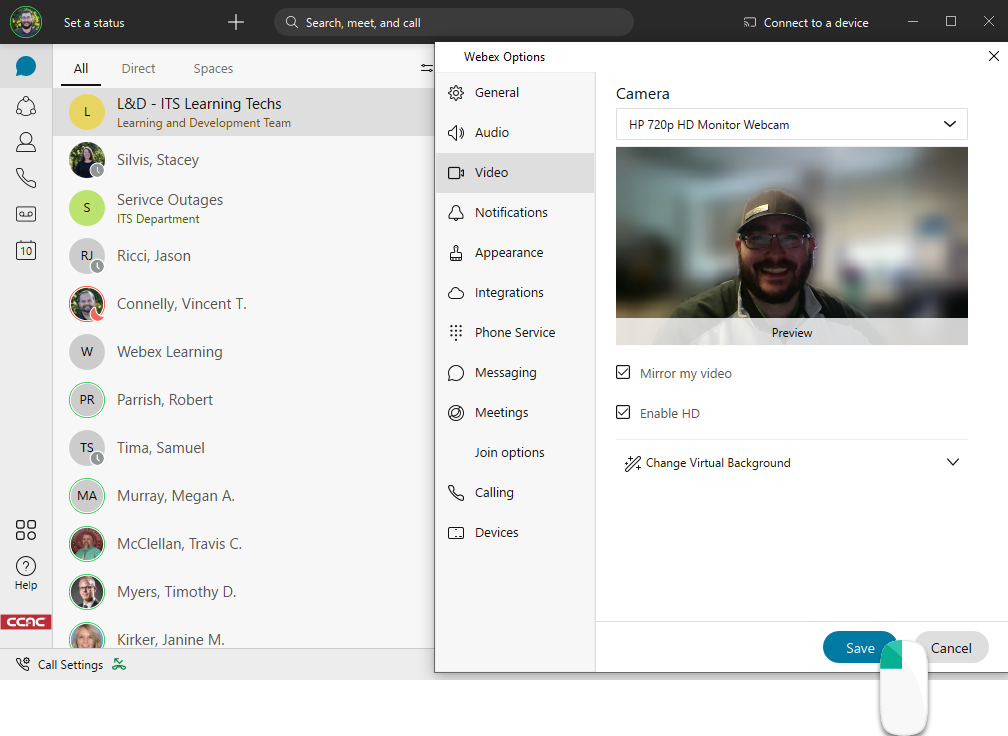 Selecting Video Option in Webex - CCAC's Help Center
