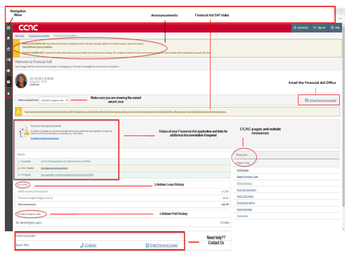 Explanation of Areas on the Financial Aid Status Page in CCAC Self ...