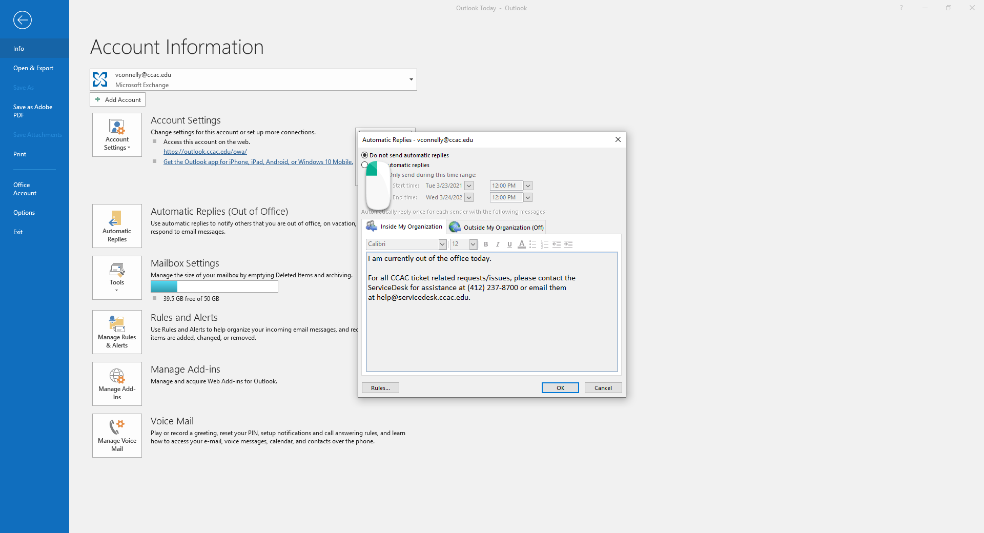 Setting an Out of Office / Away Message in Outlook - CCAC's Help Center