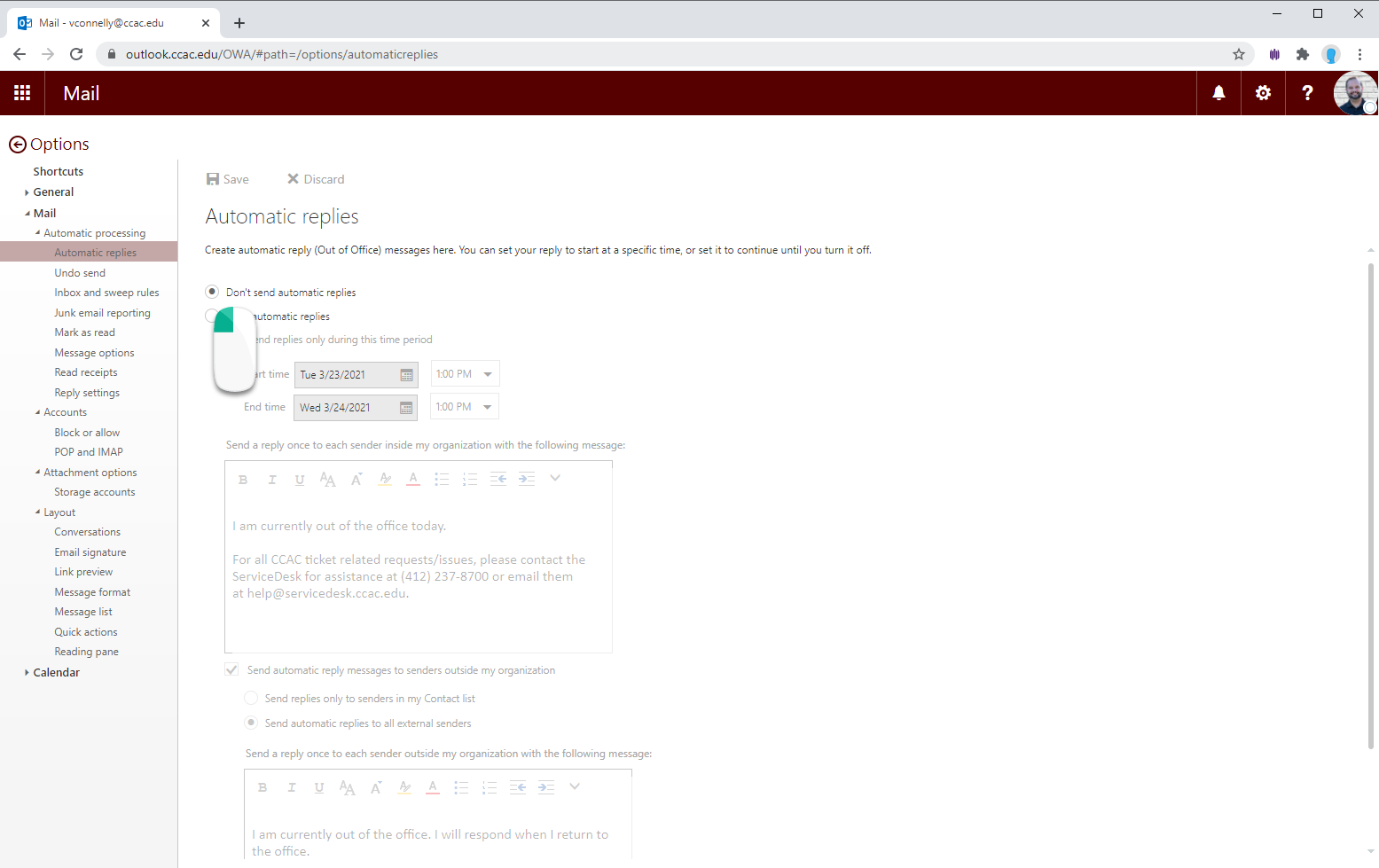 Setting an Out of Office / Away Message in Outlook - CCAC's Help Center
