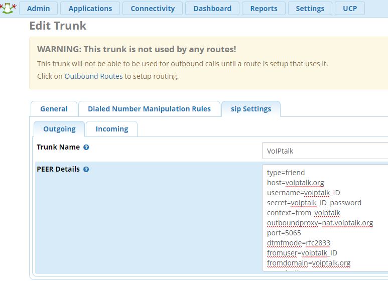Configuration of a FreePBX with a VoIPtalk trunk (LEGACY/OLD) - telappliant