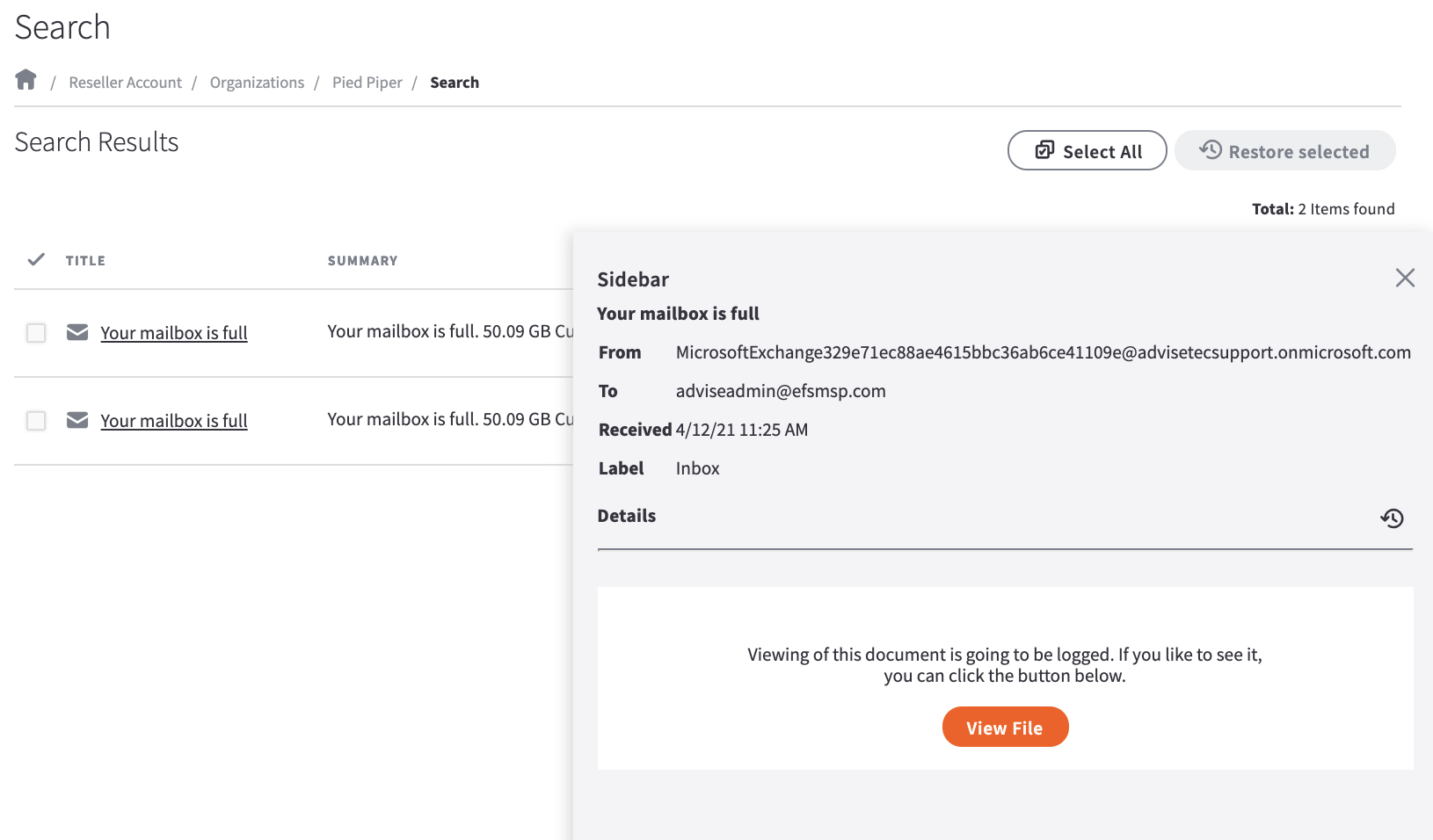 Search and view Microsoft 365 data - x360Cloud - Axcient