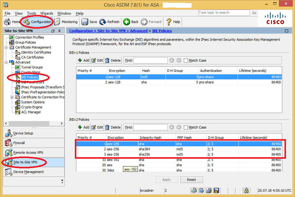 Configure IPSec site-to-site VPN: BRC - Axcient
