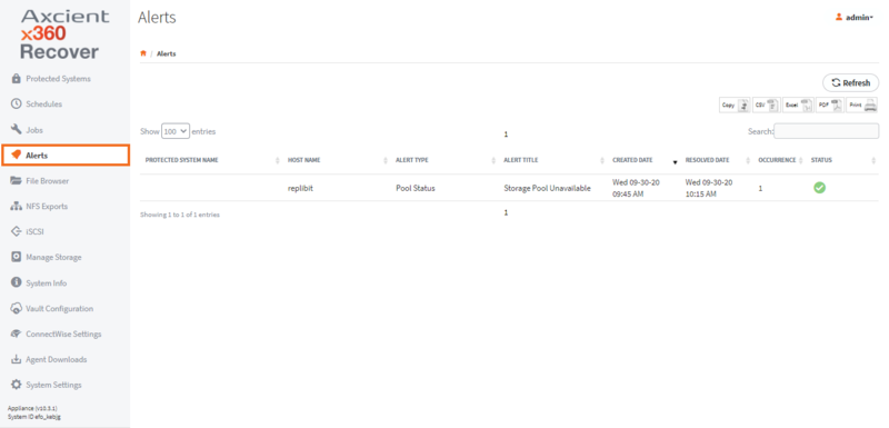 Monitor alerts in the appliance web interface - x360Recover - Axcient