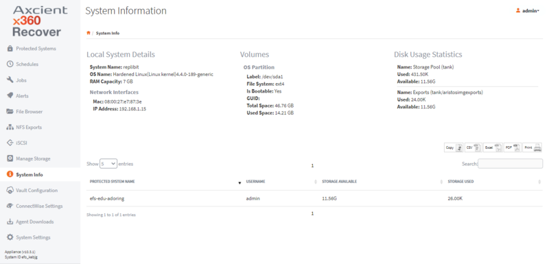 View appliance system information - x360Recover - Axcient