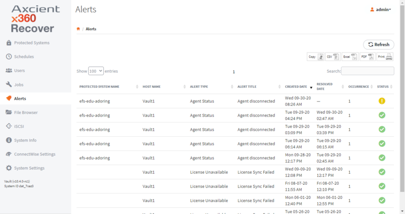 Monitor alerts in the vault web interface - x360Recover - Axcient