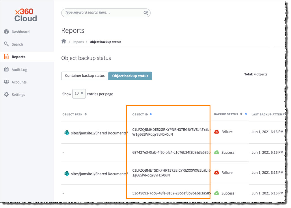 Locate an object in the source system - x360Cloud - Axcient