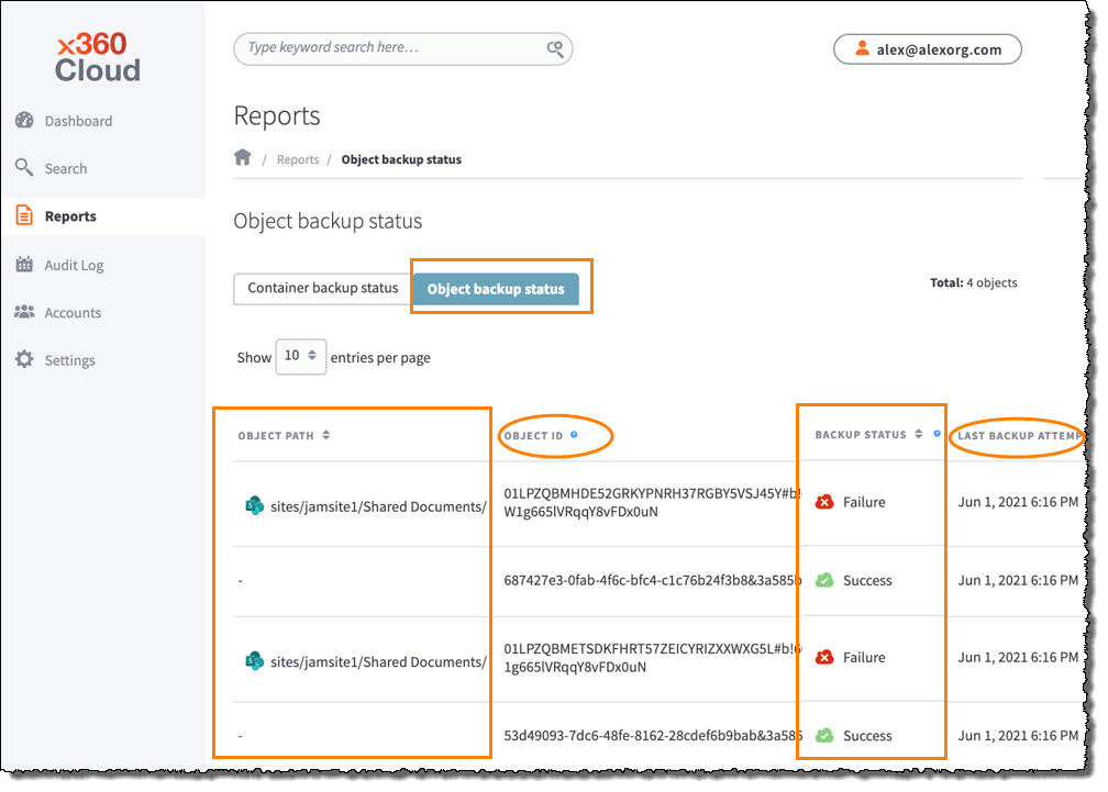 Object Backup Status Report X360cloud Axcient