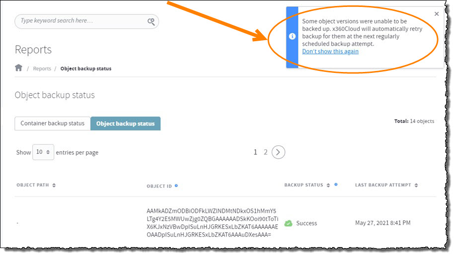 Object backup status report - x360Cloud - Axcient