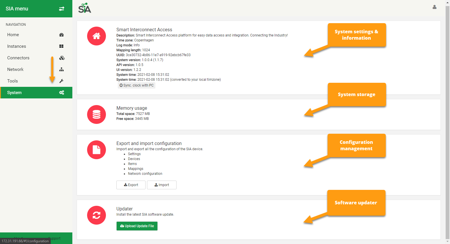 Manage settings & system information - SIA Connect