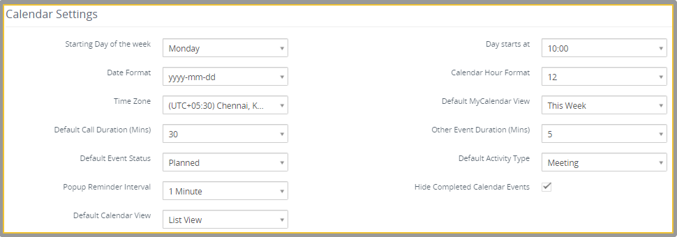 Calendar Settings AutomateCRM
