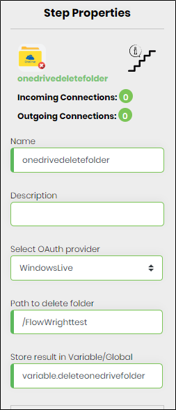 oneDriveDeleteFolder Step - FlowWright