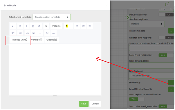 Using replace links in Task workflow step email body - FlowWright