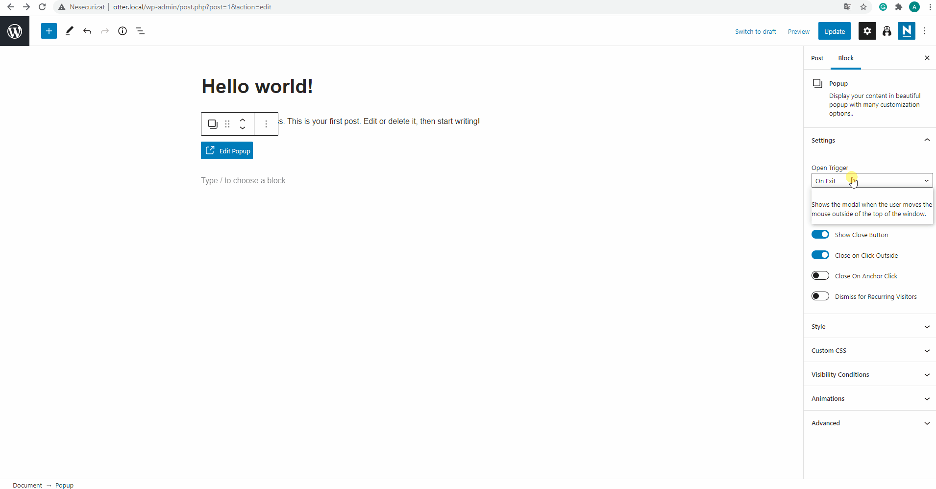 The Popup Block - Otter Blocks Library - ThemeIsle Docs