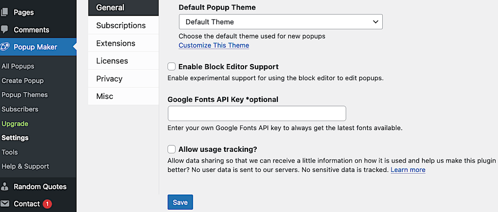 Settings Page - Popup Maker