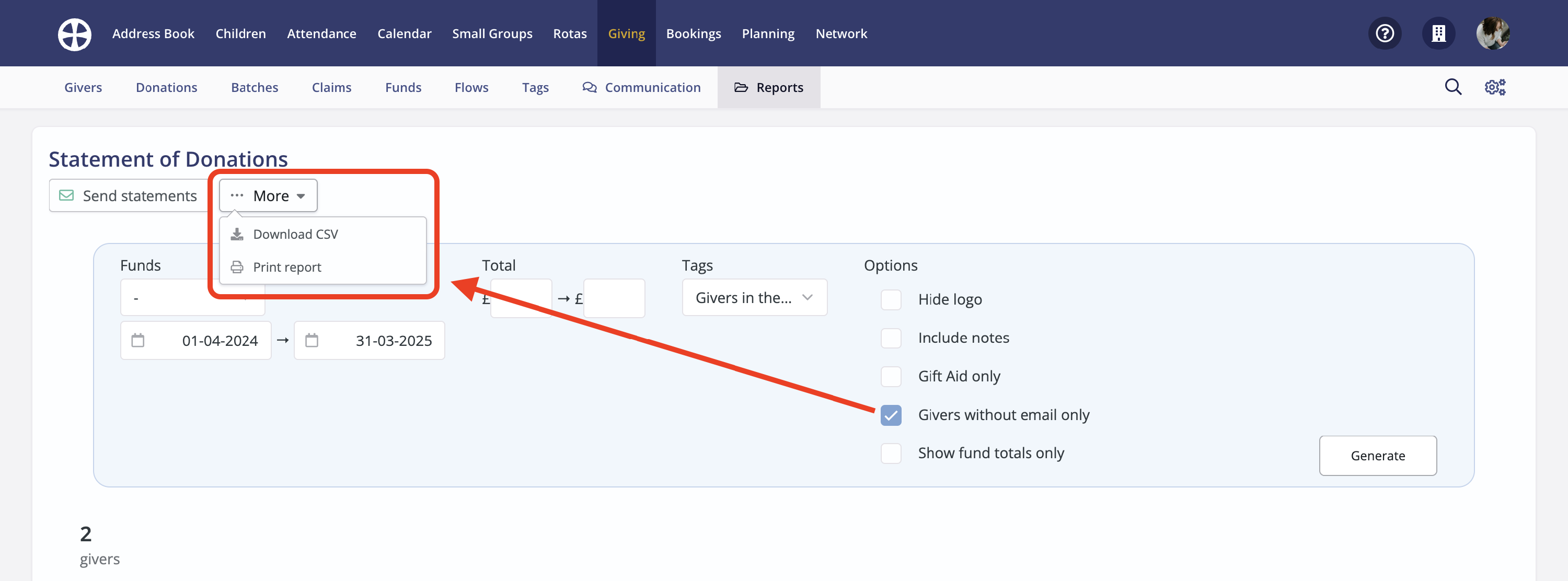 Producing giving statements for your givers - ChurchSuite Support Articles