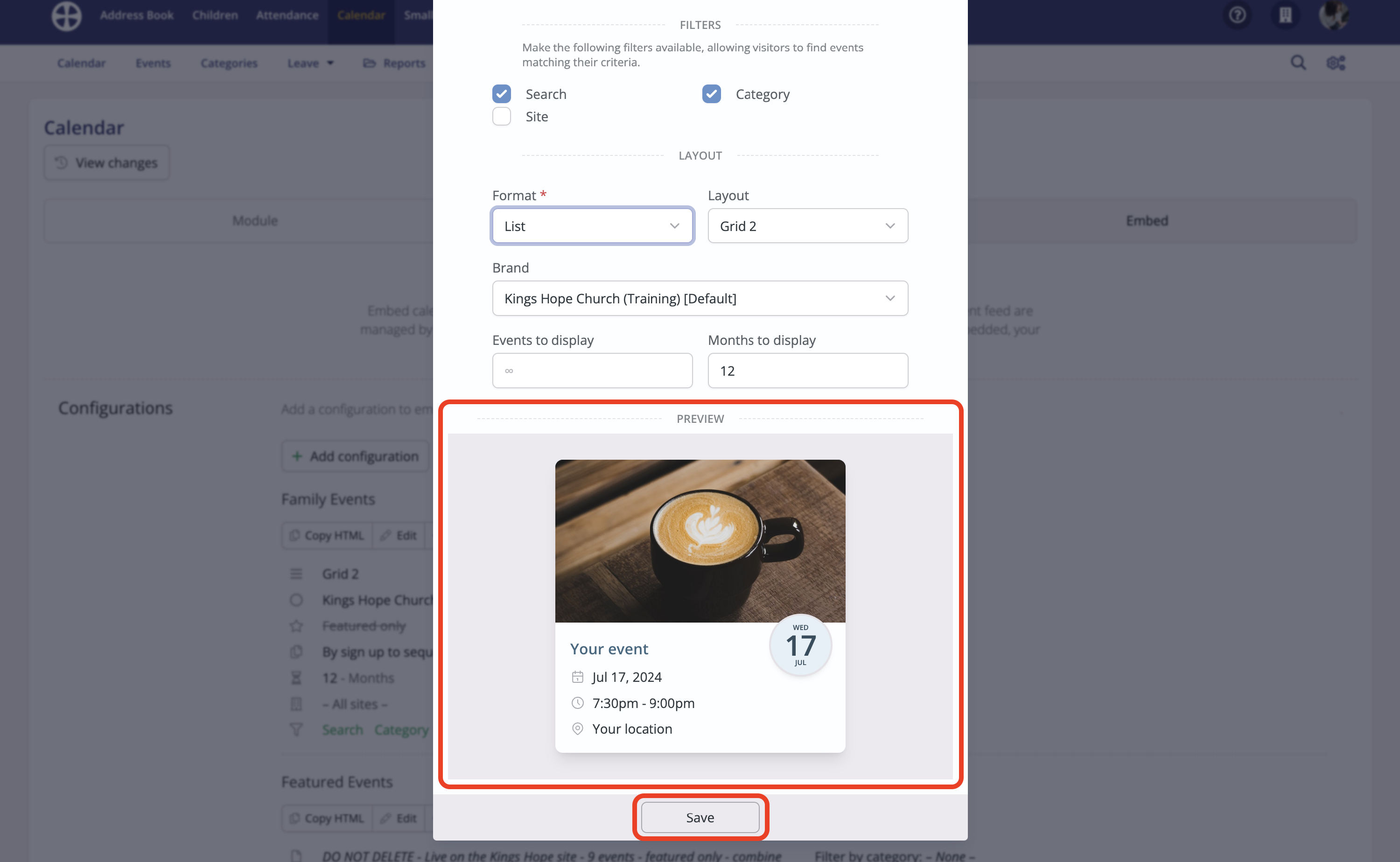 Embed calendars and events into your website - ChurchSuite Support Articles