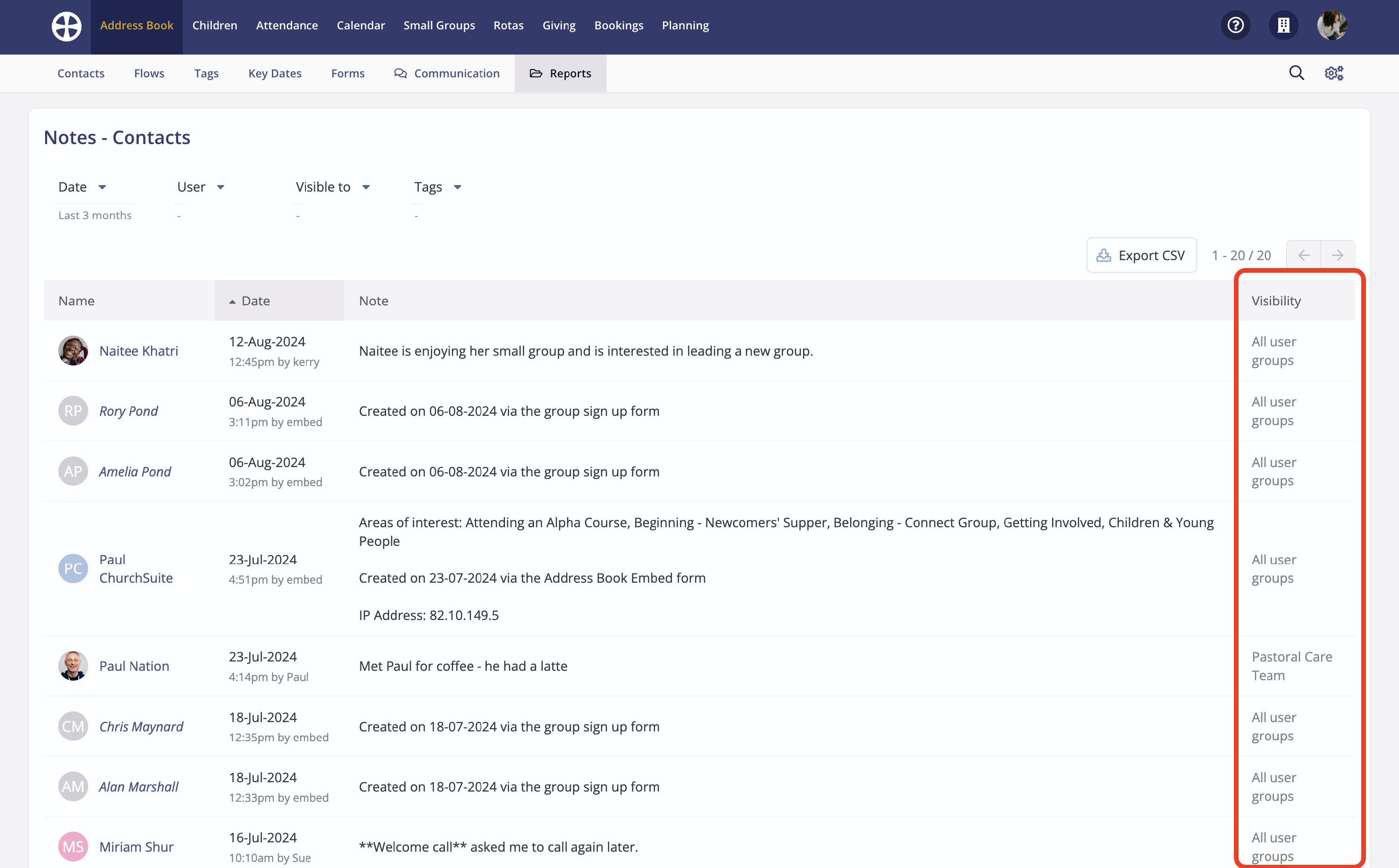 Notes and note visibility - ChurchSuite Support Articles