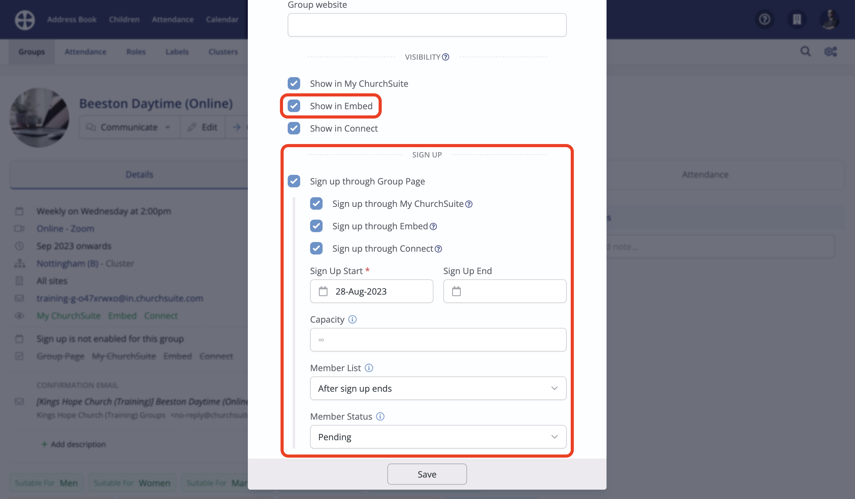 Enabling small group sign-up through an embedded small group list or ...