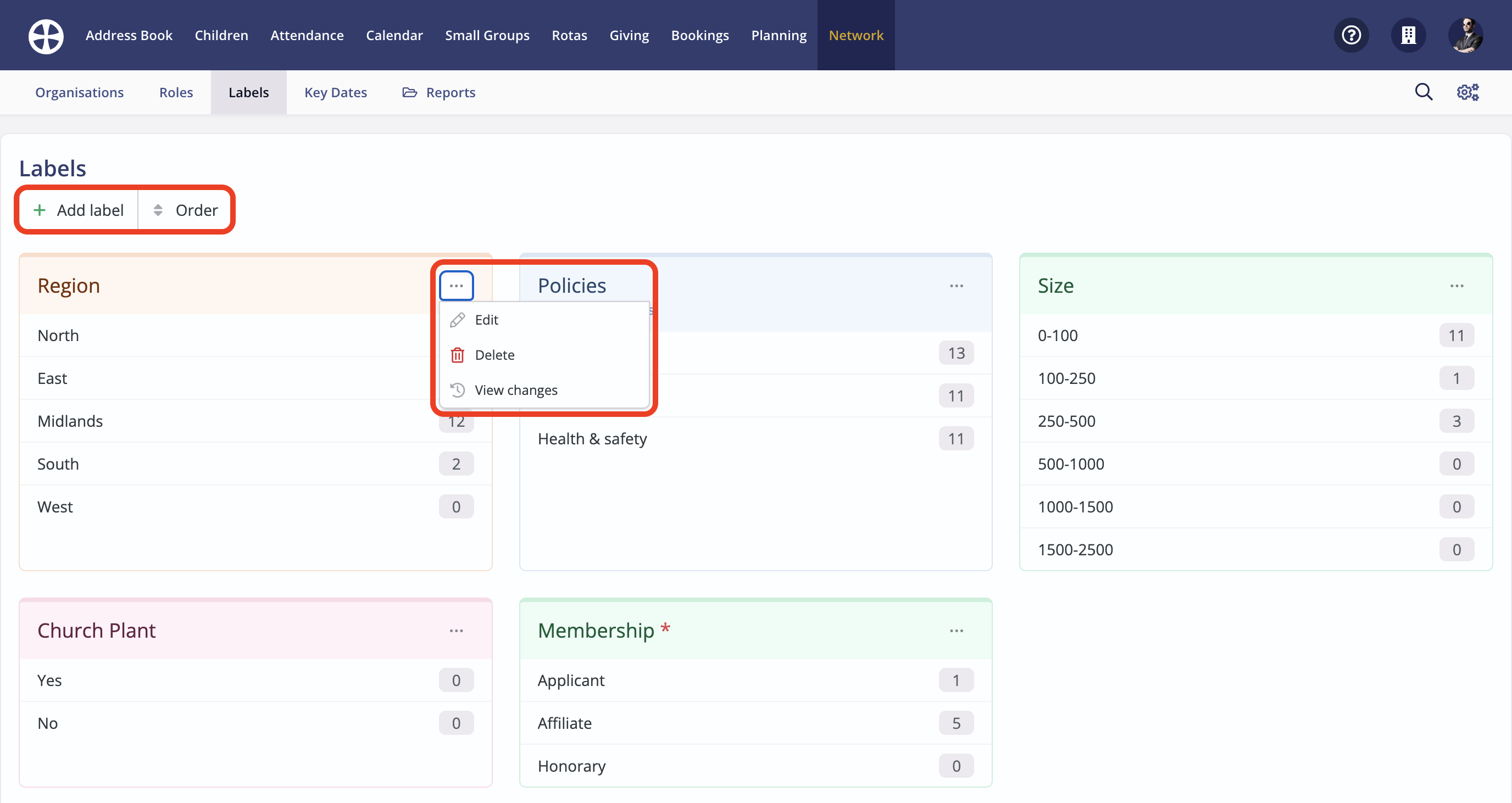 Categorising organisations using labels - ChurchSuite Support Articles