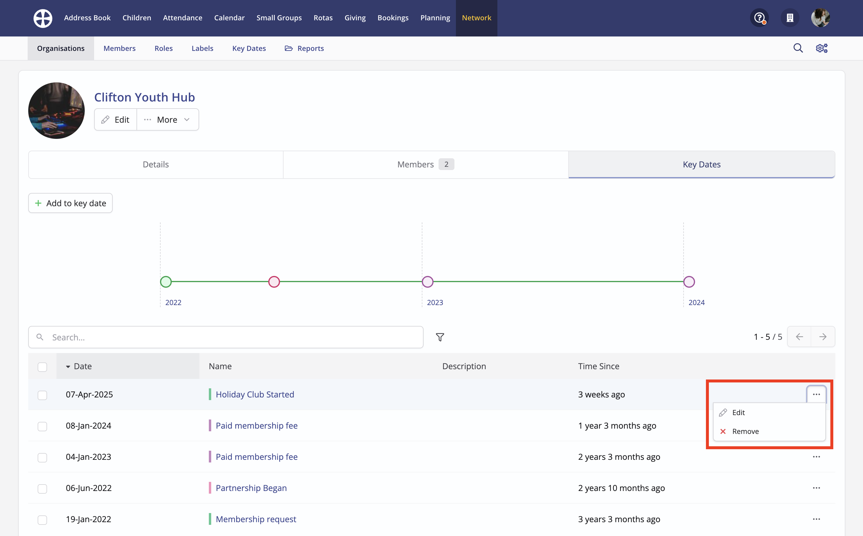 Adding and managing organisation key dates - ChurchSuite Support Articles