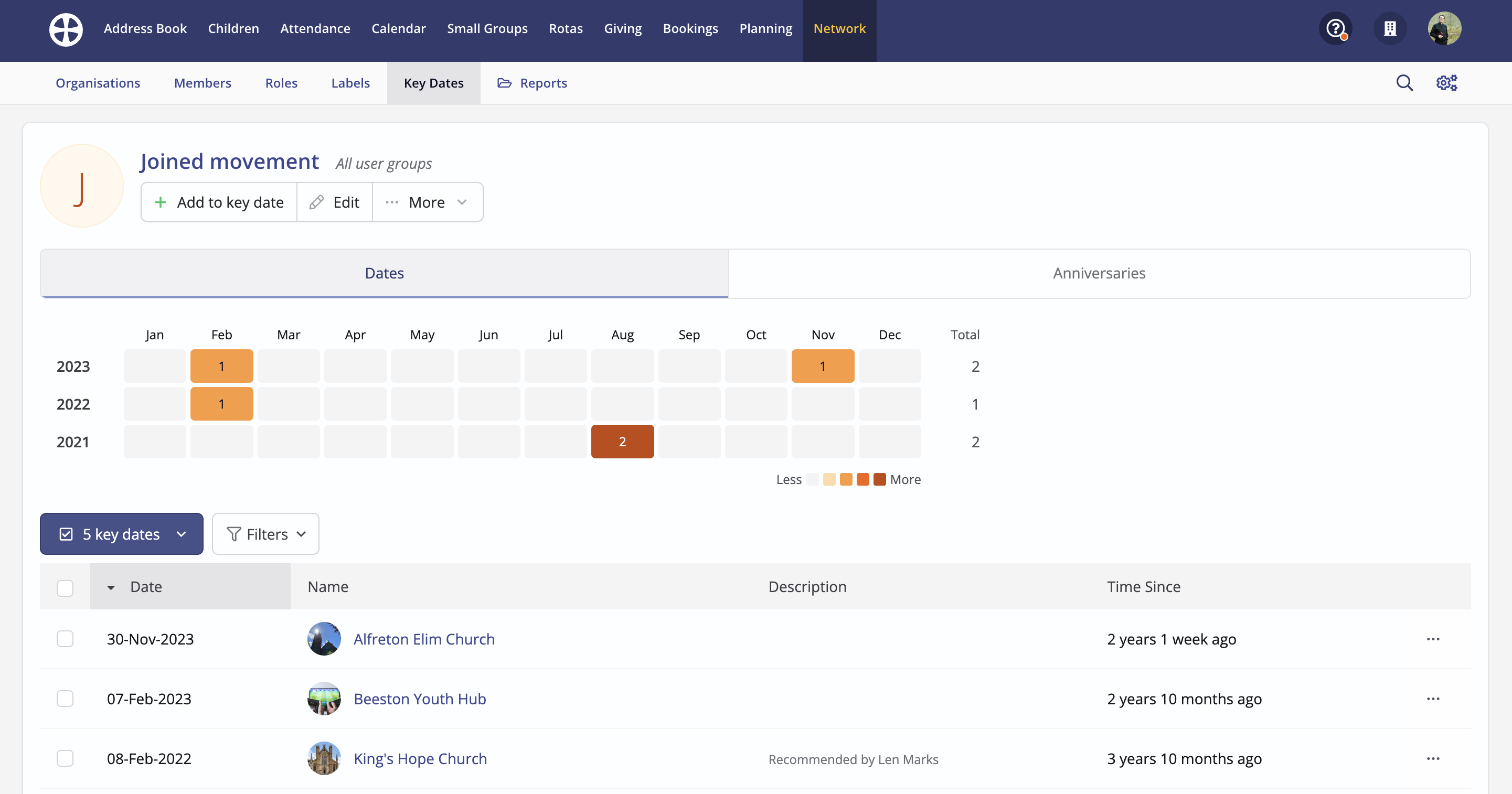 Adding and managing organisation key dates - ChurchSuite Support Articles