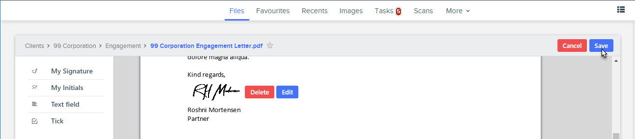 How do I sign a document myself and save it back to SuiteFiles? (Sign and save)