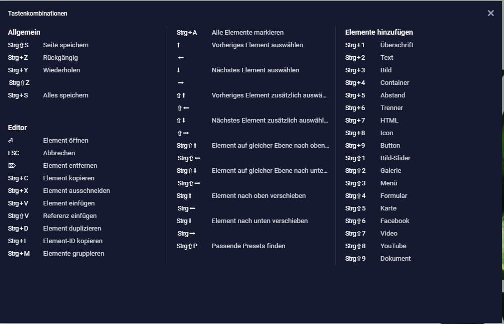 Verwendung von Tastenkombinationen (Shortcuts) - Sitejet Hilfe