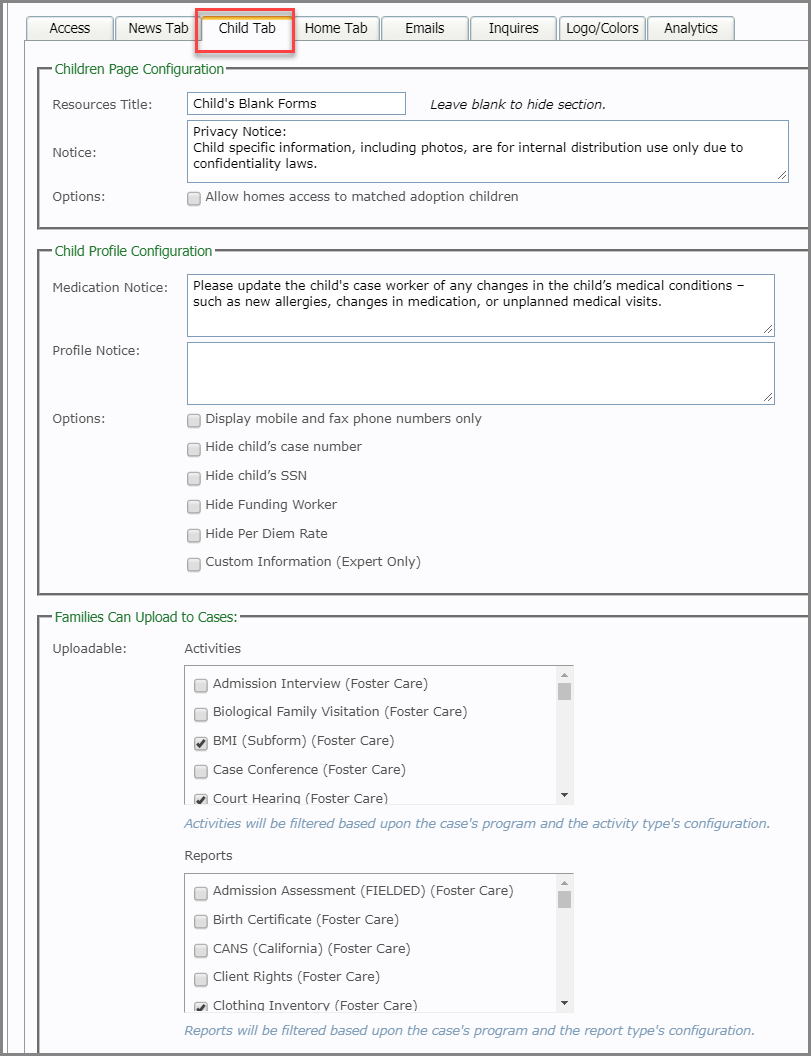 Family Web Configuration: Child Tab – extendedReach