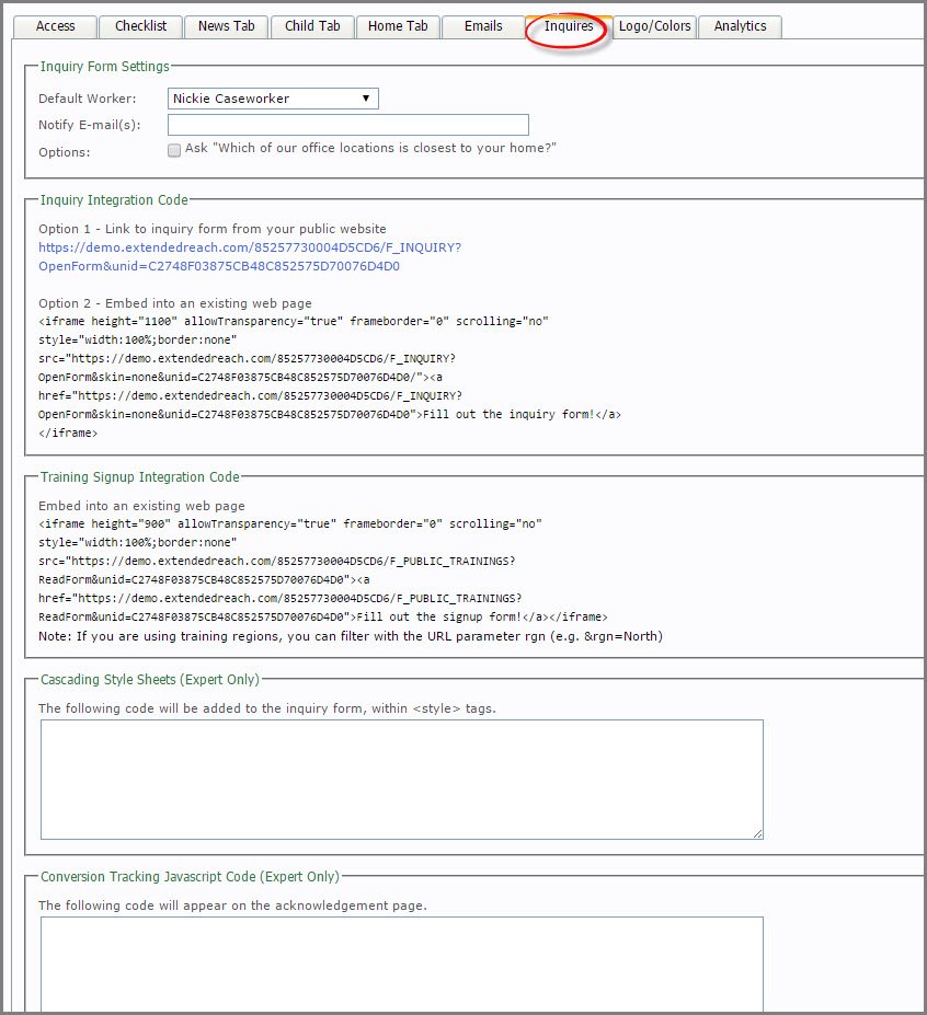 Family Web Configuration: Inquiries – extendedReach