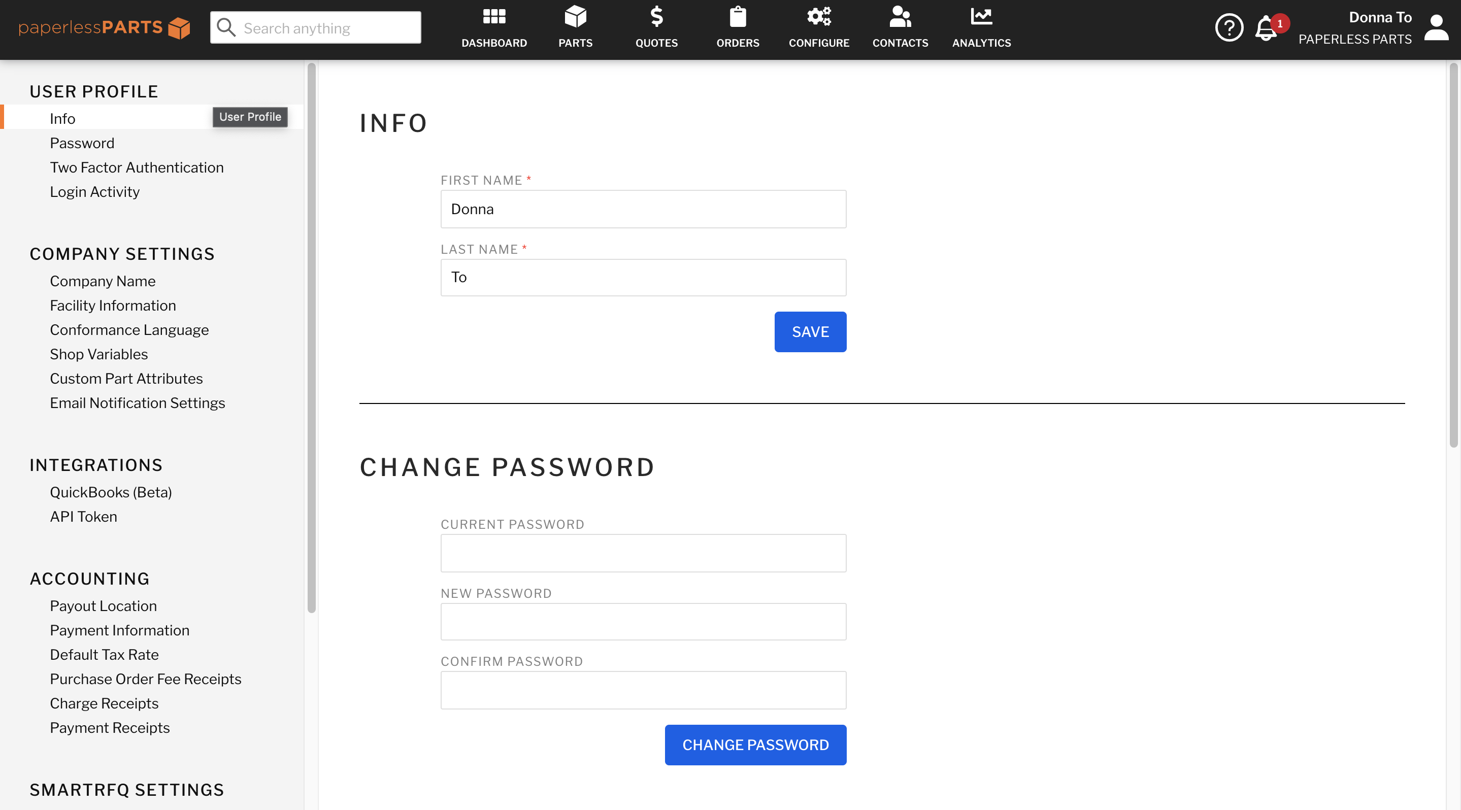User profile settings