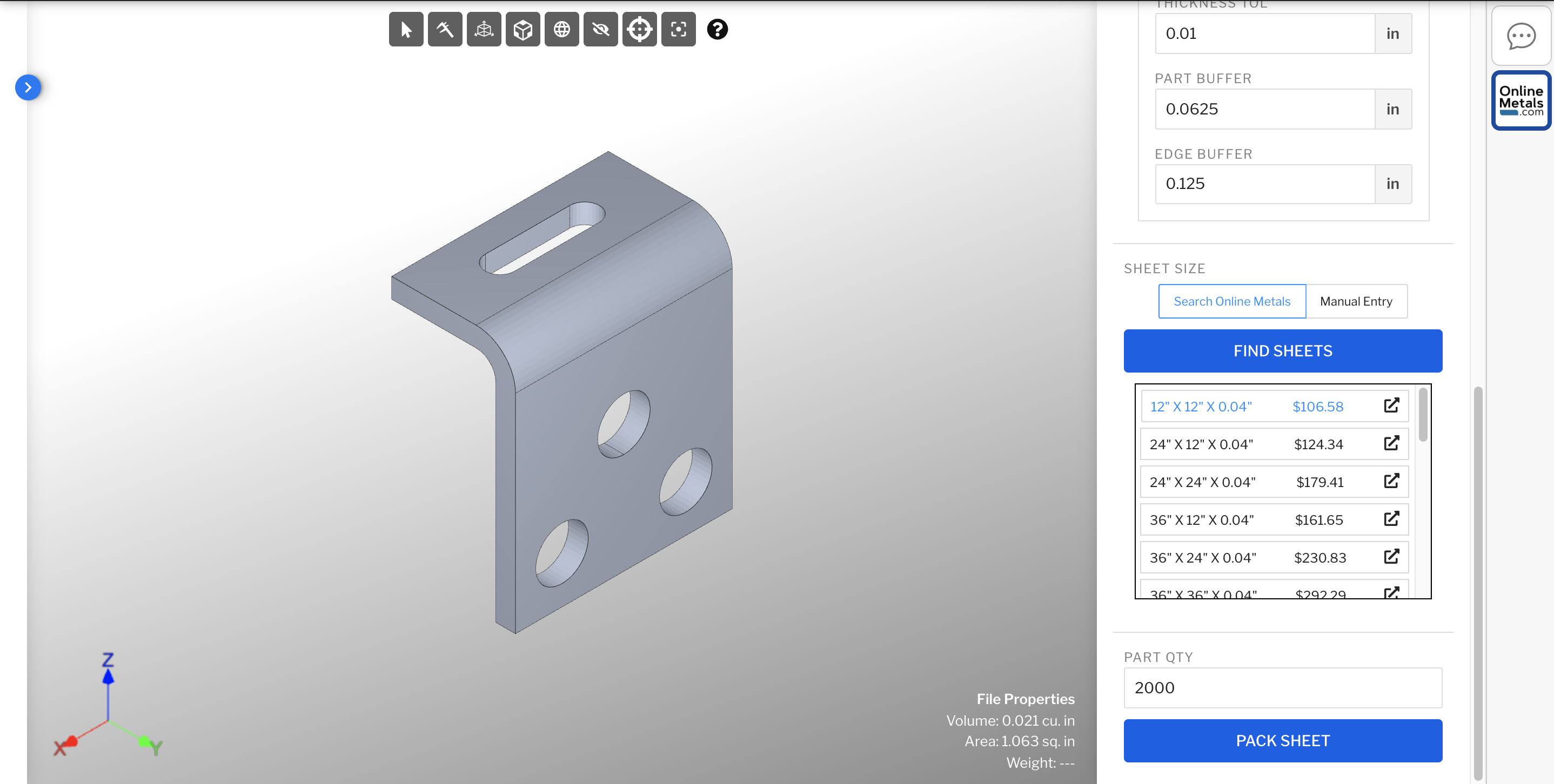 Online Metals material calculator