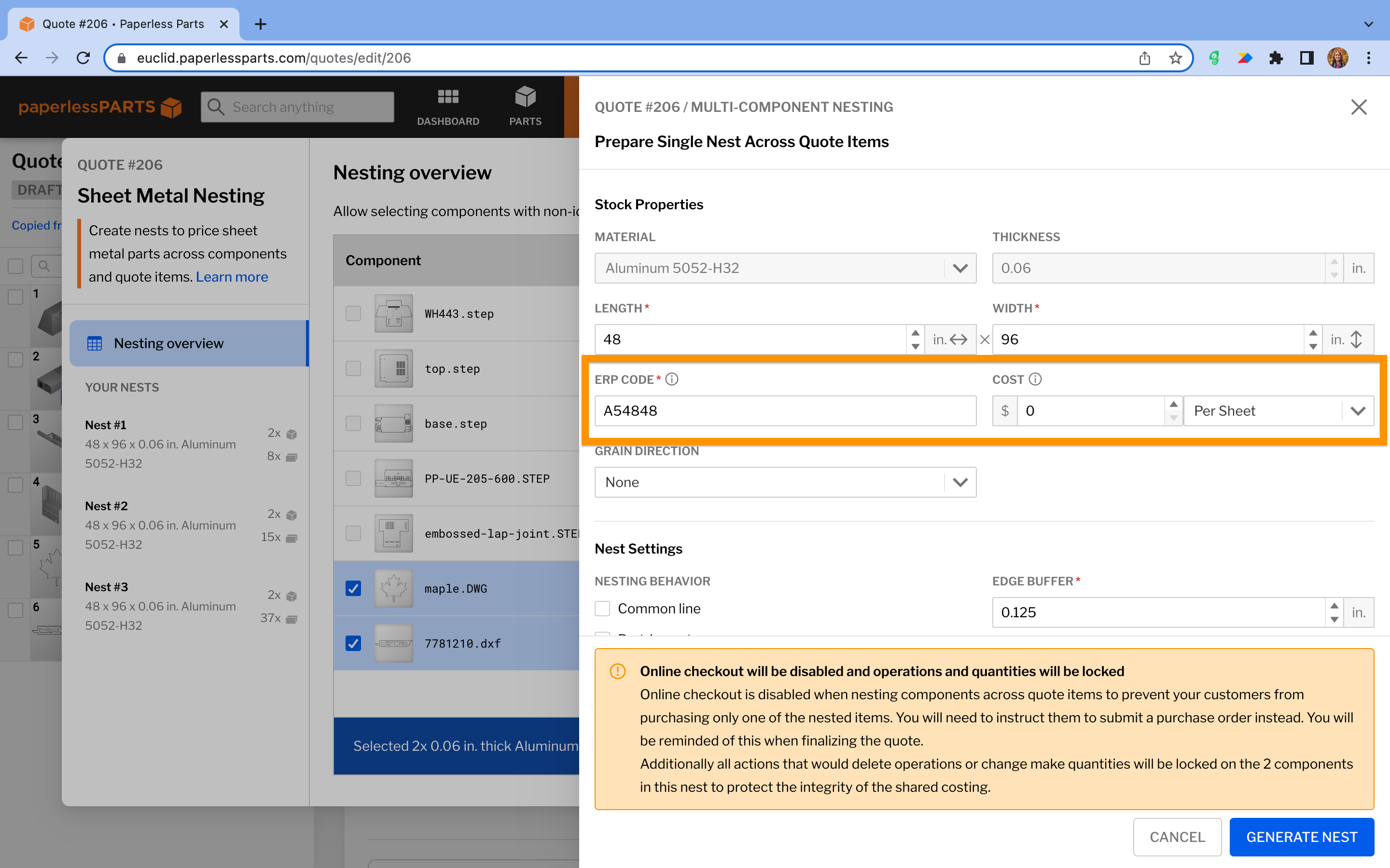 Multi-component sheet metal nesting