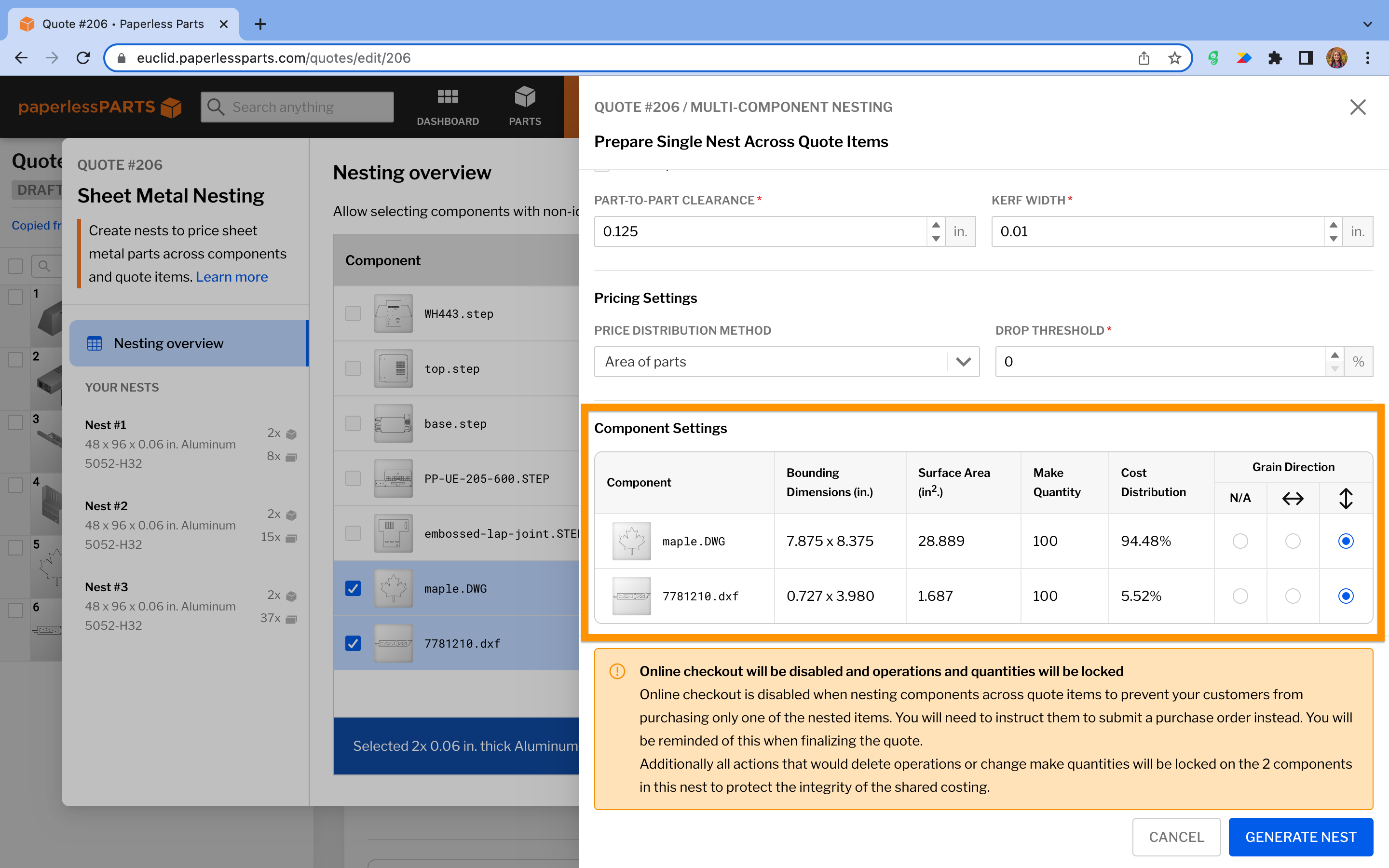 Multi-component sheet metal nesting