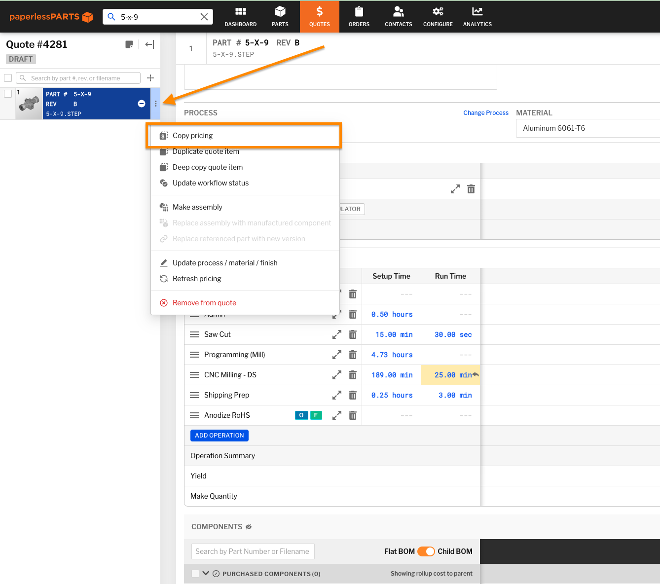 How do I copy pricing between quote items?