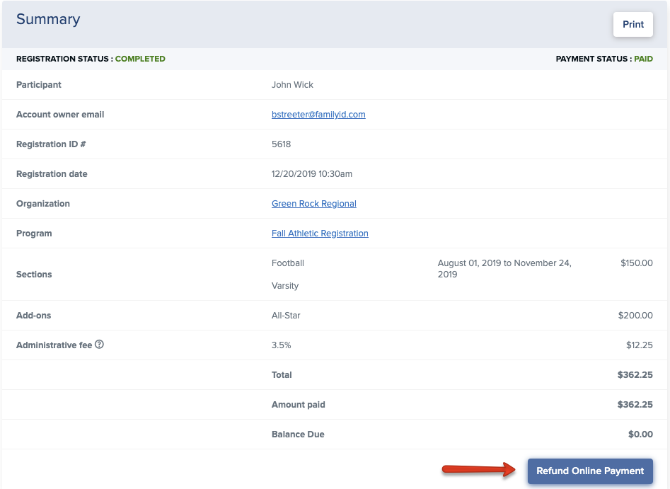 Student Registration - Refund a Stripe Payment