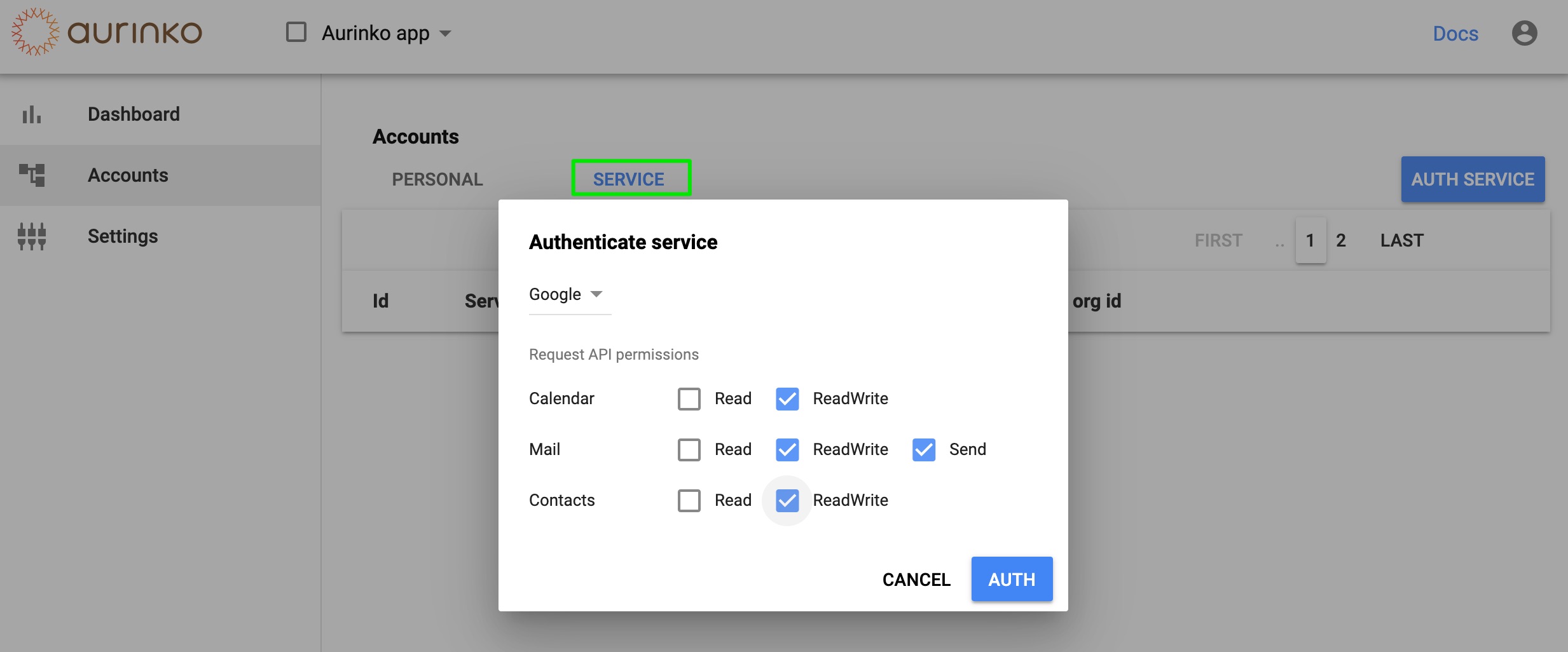 Service accounts - Aurinko Support