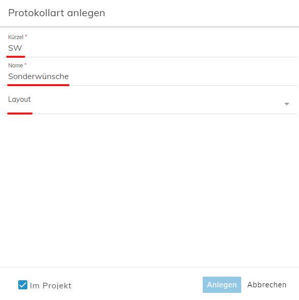 Protokollarten anlegen, bearbeiten, löschen (Projekteinstellung)