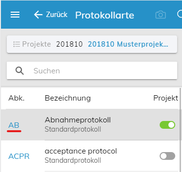 Protokollarten anlegen, bearbeiten, löschen (Projekteinstellung)