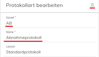 Protokollarten anlegen, bearbeiten, löschen (Projekteinstellung)